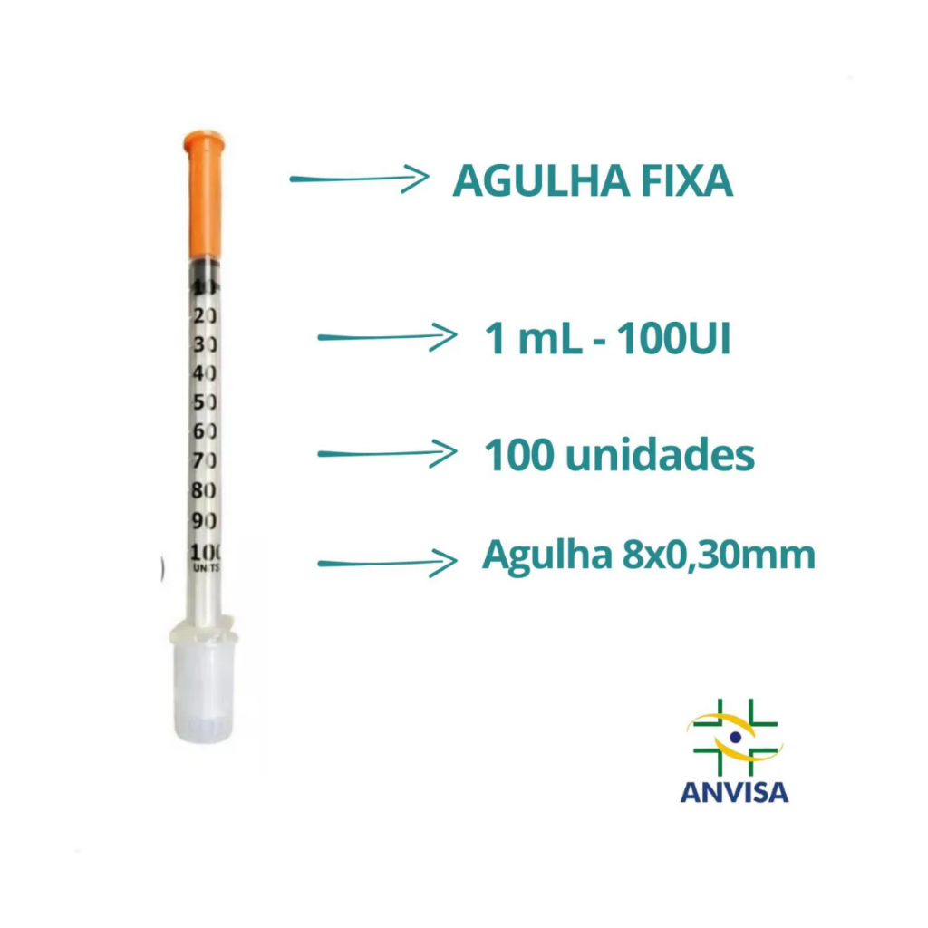 Seringa de Insulina com Agulha Fixa U-100 1,0ml 8x0,30mm 10 unds - SR ...
