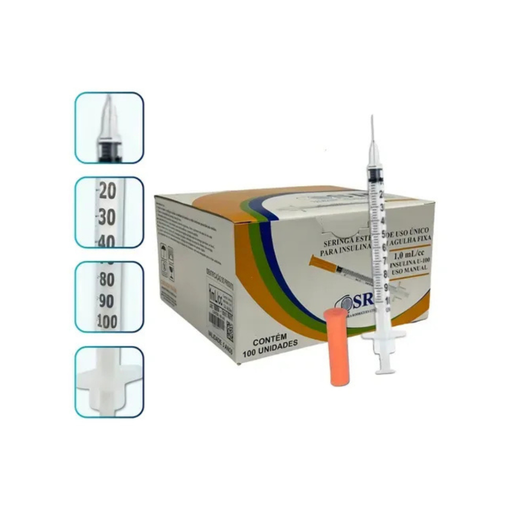 Seringa de Insulina com Agulha Fixa U-100 1,0ml 8x0,30mm 10 unds - SR ...