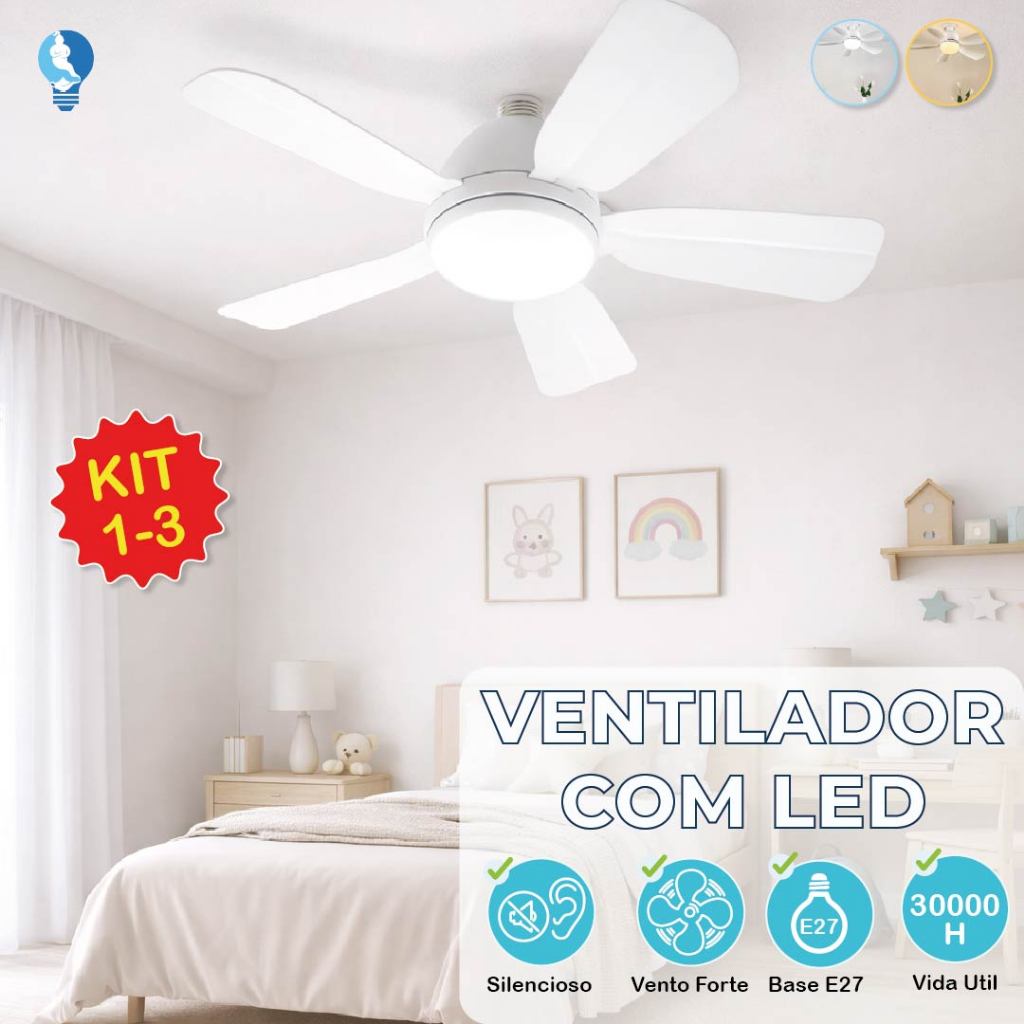 Ventilador de Teto LED 60W 80W Lâmpada E27 Controle Remoto Bivolt ...