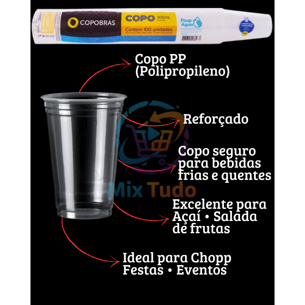 Copo 300ml Descartável 100 unidades Copobras PP Liso Transparente Chopp ...