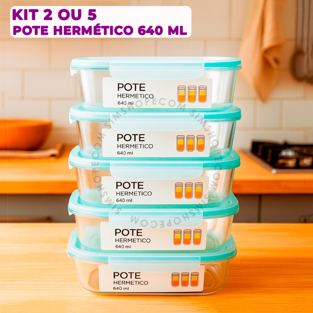 Kit 2 ou 5 Potes De Vidro Herméticos 640 ML Com Travas Freezer Forno ...