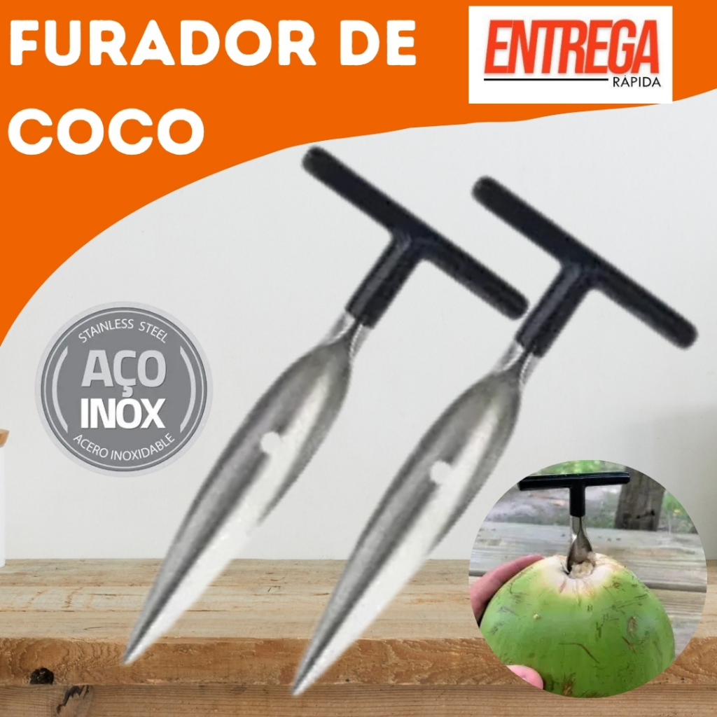 Furador Abridor de Coco Aço Inox Fura Coco Bar Restaurante Praia Casa ...
