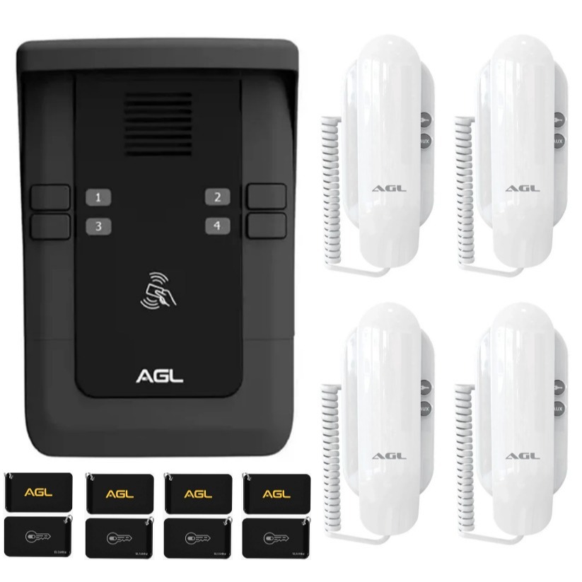 KIT PORTEIRO COLETIVO AGL S500 4 PONTOS BLUETOOTH+ 4 MONOFONES + 8 TAG ...