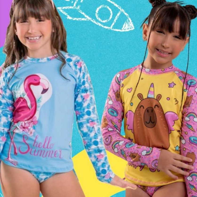 Conjunto Biquini+Blusa Térmica Proteção Solar UV50 infantil Menina ...