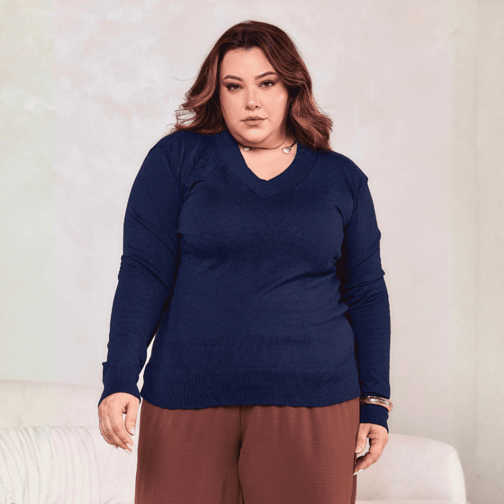 Blusa Feminina Plus Size Tricô Gola V Elastano Manga Longa Básica ...
