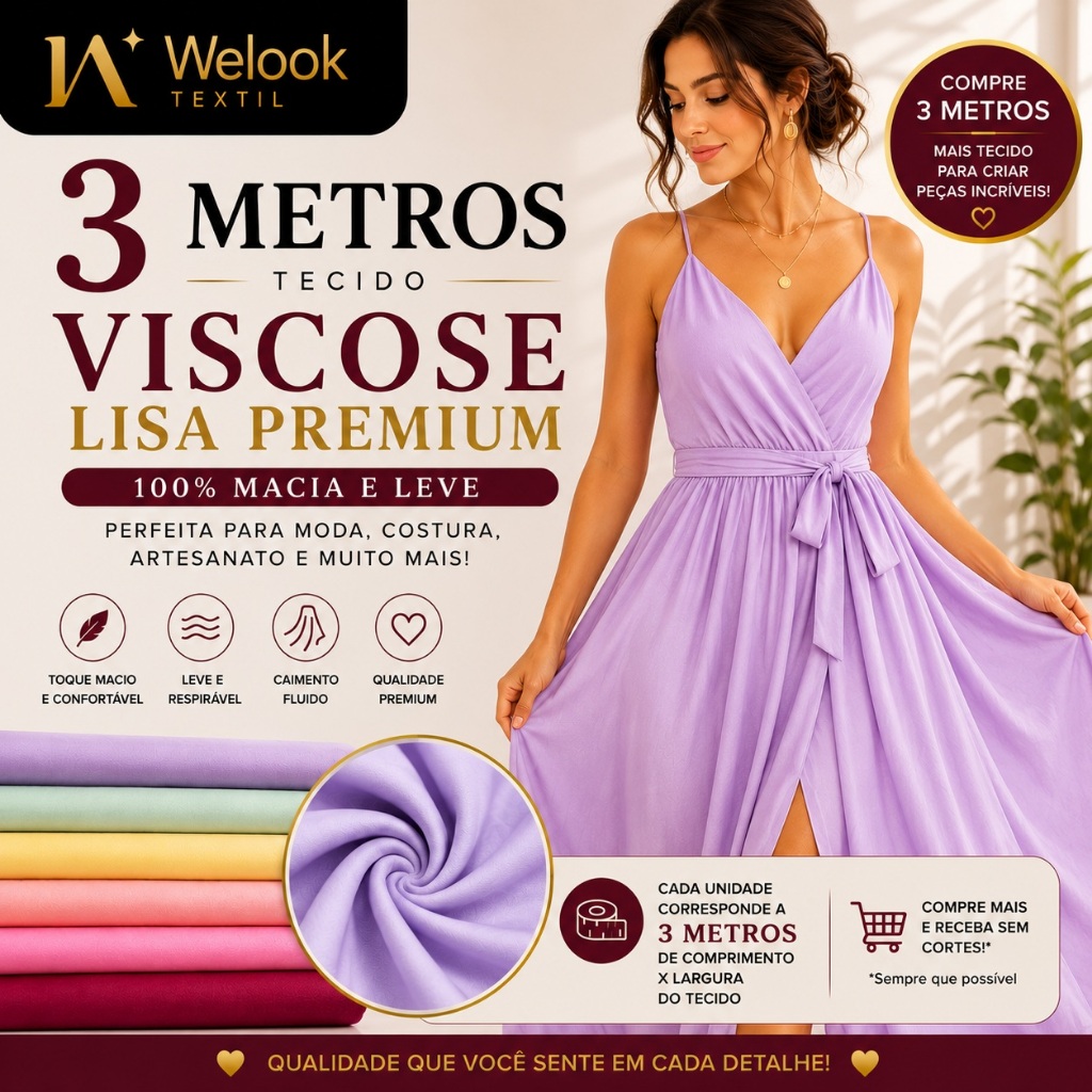 3 Metros Tecido Viscose Lisa Premium 100% Macia Leve Para Vestidos e ...