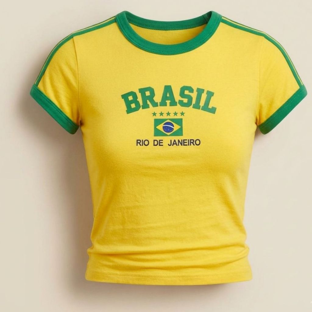 Camiseta Cropped Brasil Feminina Bordado Rio de Janeiro Baby Look Malha ...