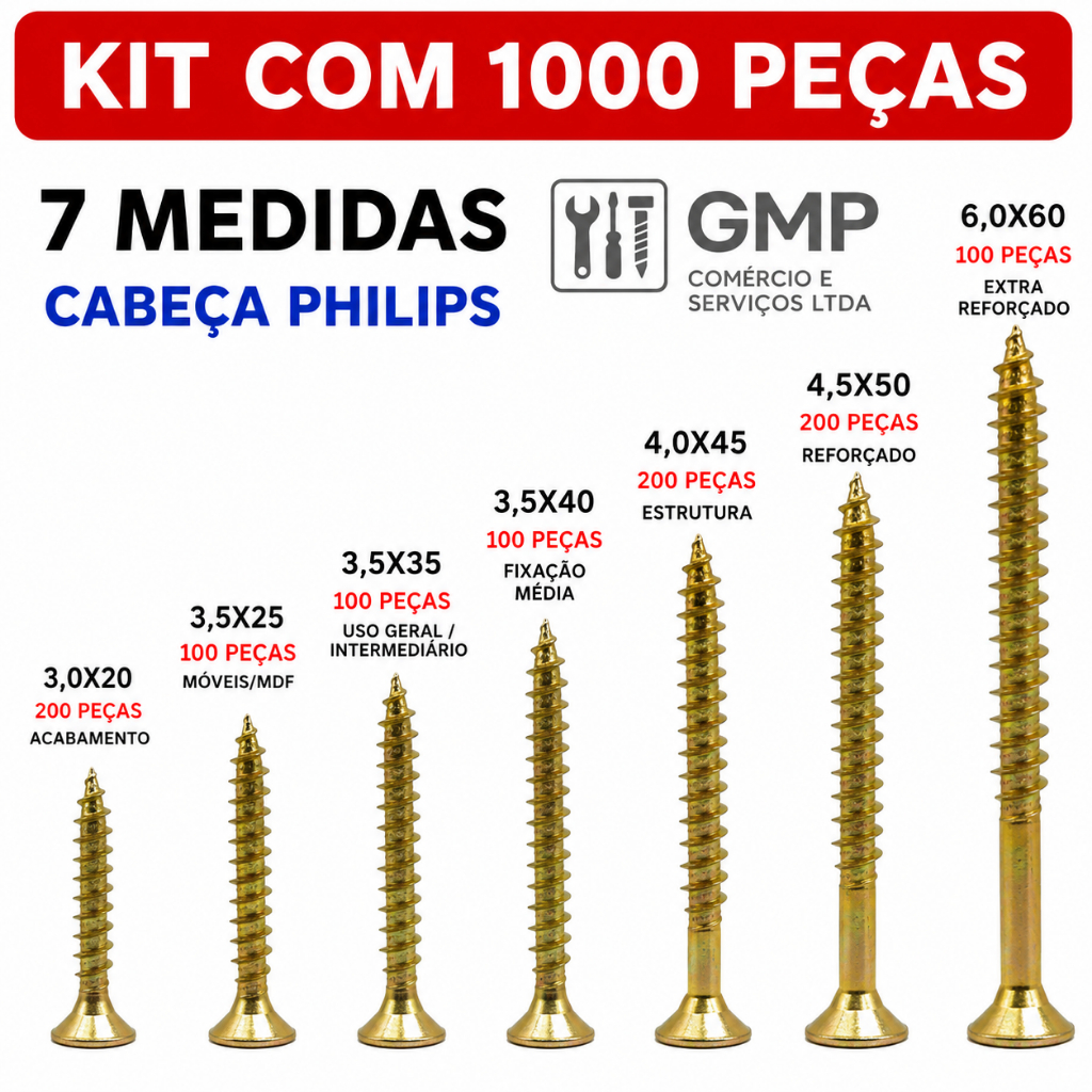 Kit Parafuso Chipboard Cabeça Chata Phillips MDF Madeira 1000 Peças ...
