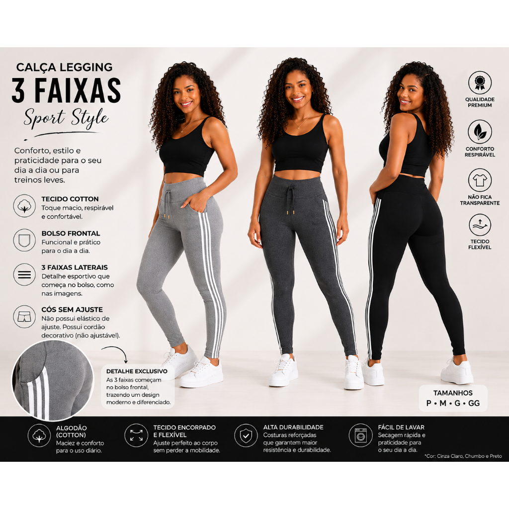 Calça Legging De Cotton Com Faixas Laterais | Shopee Brasil