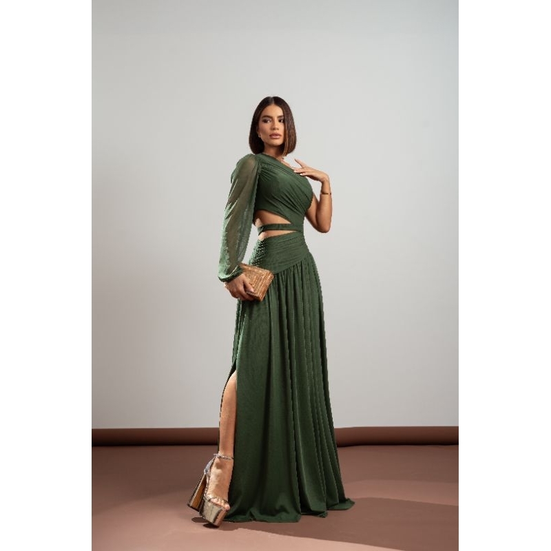 Vestido Longo Elegante de Festa sem brilho com Manga Única, Recorte na ...