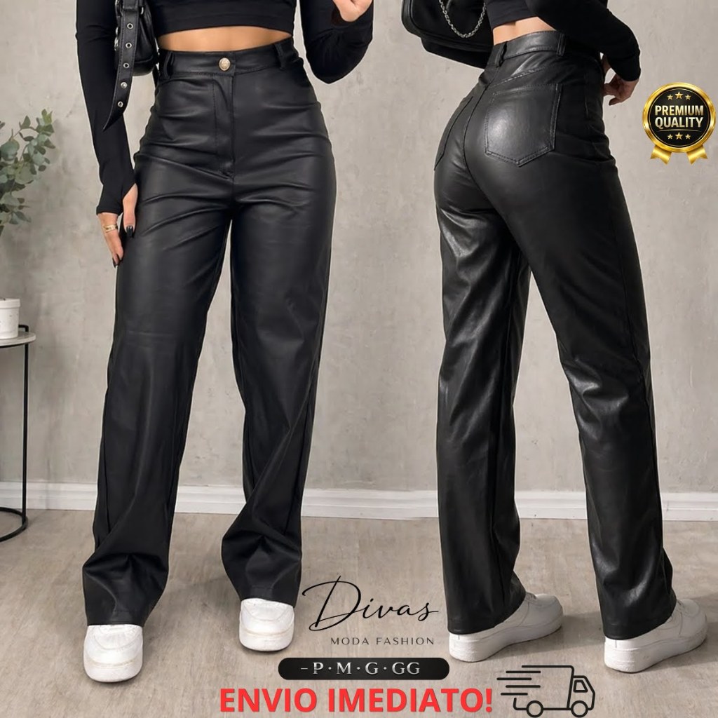 Calça Feminina Couro Fake PU Wide Leg Pantalona Cintura Alta Preta ...