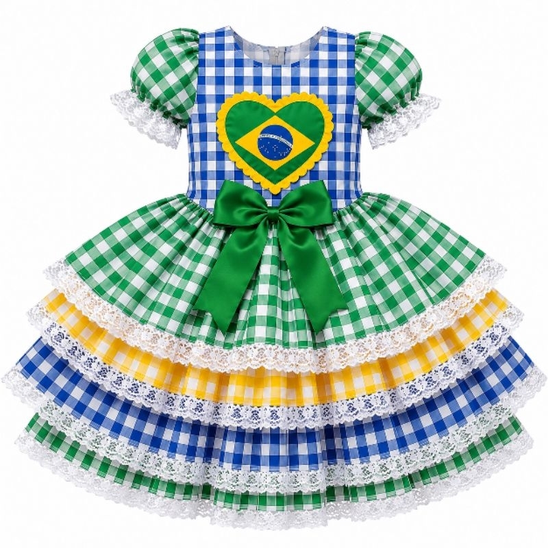 Vestido Junino Infantil Brasil Verde e Amarelo Festa Junina Luxo Xadrez ...