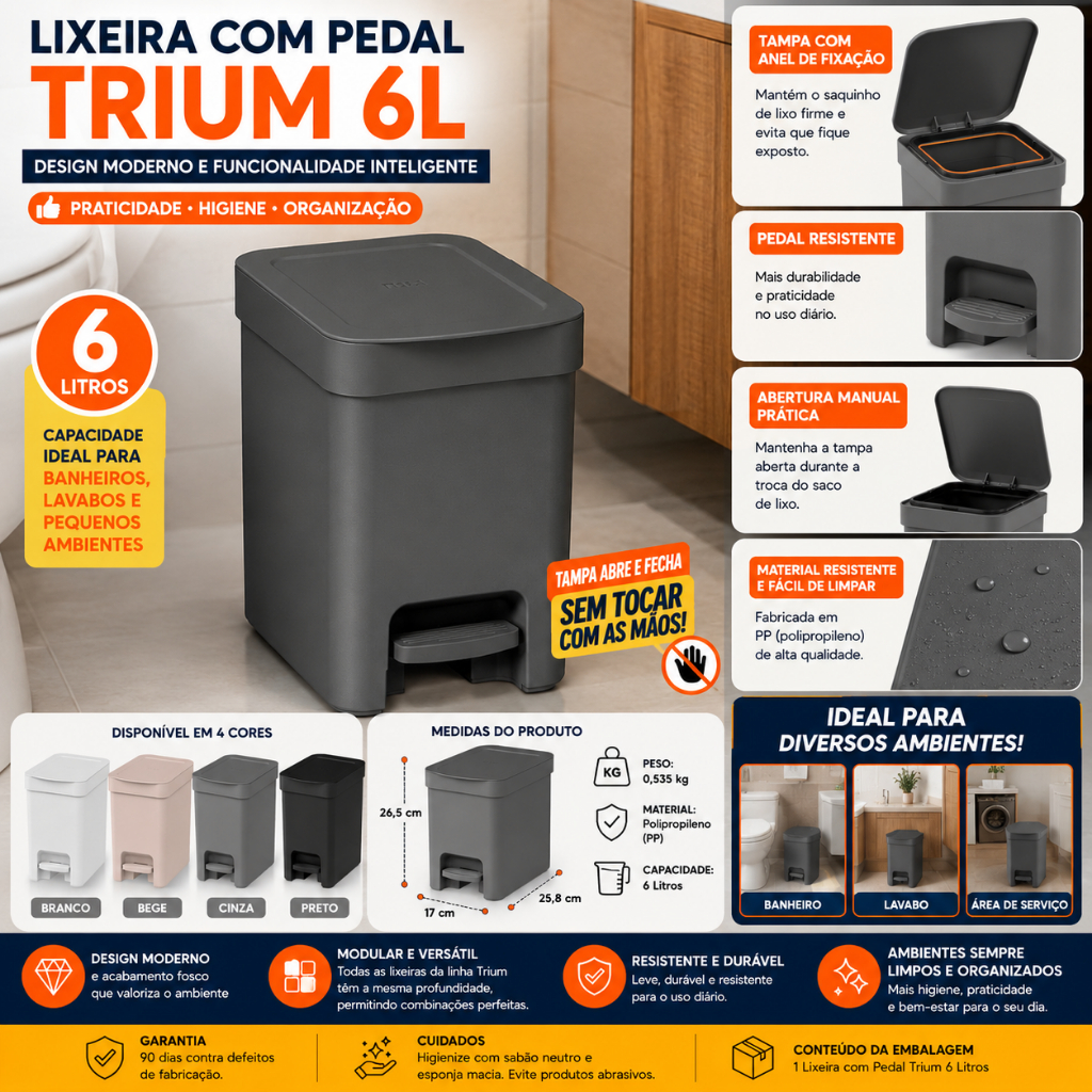 Lixeira com pedal Banheiro, Cozinha Pedal Linha Trium 6L: 4 Cores ...