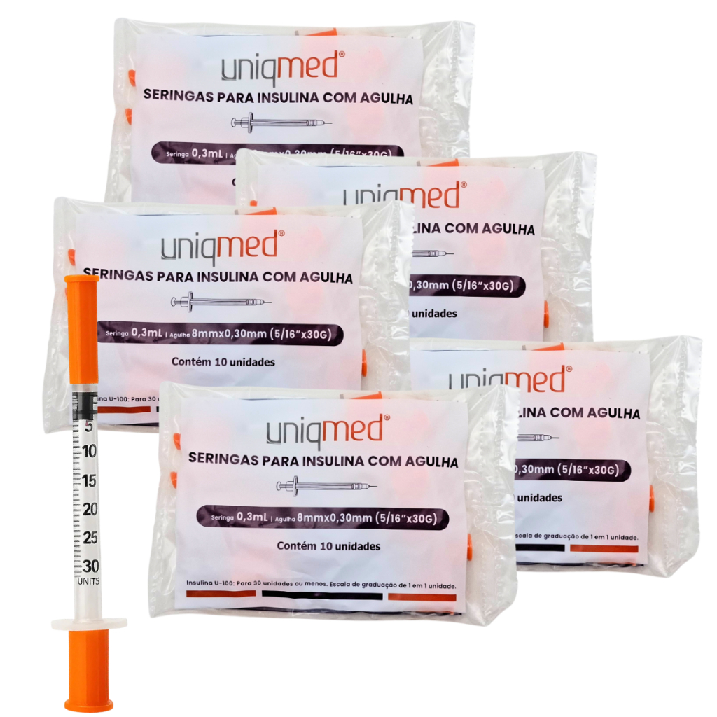 Kit 50 Seringa Insulina 0,3ml Agulha 8mm X 0,30mm Uniqmed Descartável ...