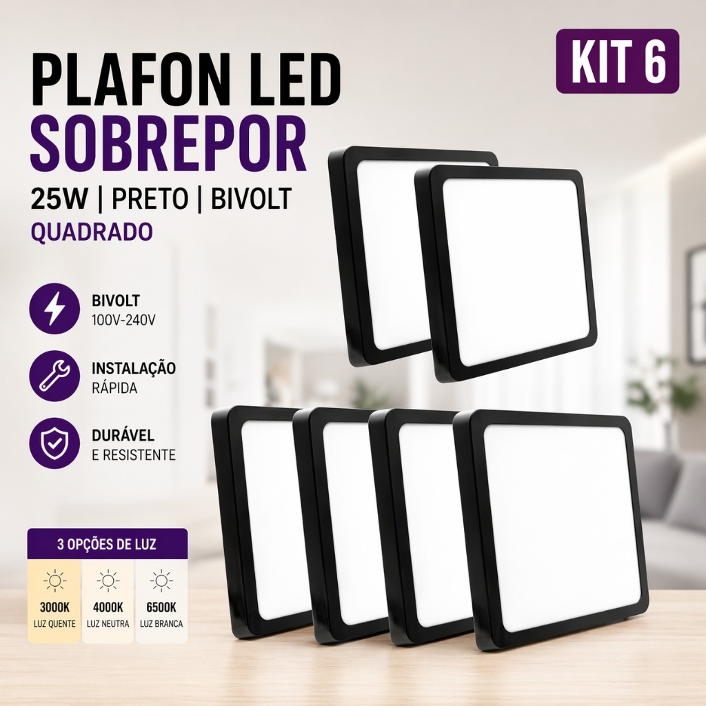 Kit 6 Plafon LED 25W Sobrepor Quadrado Preto Bivolt | Shopee Brasil