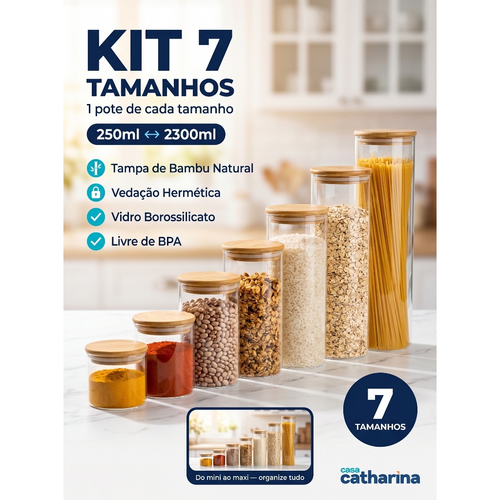 Kit Completo 7 Pote de Vidro Hermetico Tampa Madeira Bambu Organizador ...