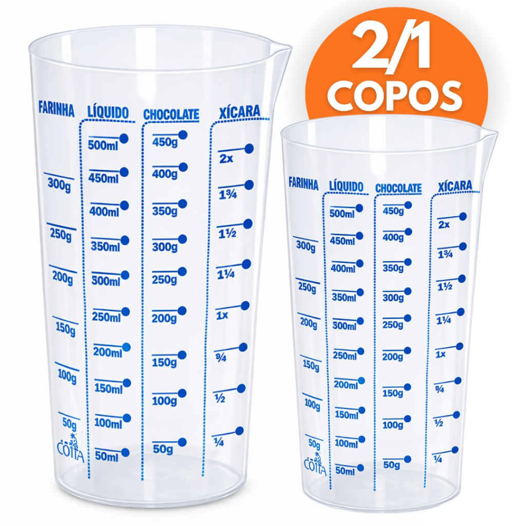 Kit 2/1 Copo Plástico Graduado Dosador Receitas Copo Medidor 500ML ...