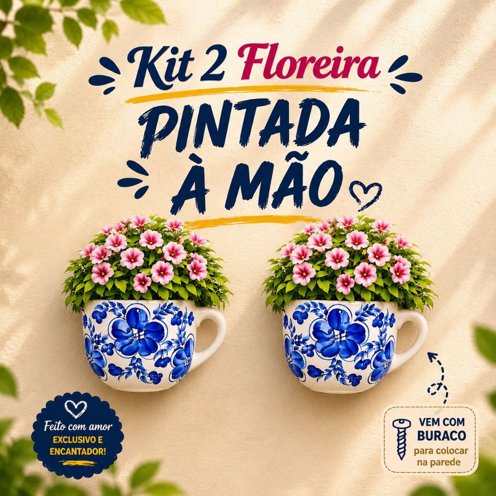 Kit 2 Floreira Vaso Parede Ceramica Artesanal Desenhada Mao Vintage ...