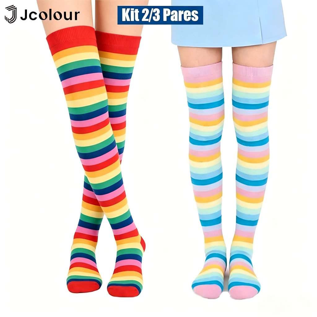 Kit 2/3 Meias Colorida Jcolour Cano Médio Alto ou Longa Meia Arco Iris ...