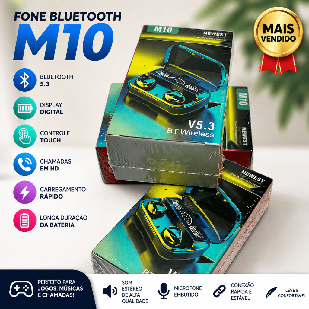Fone Bluetooth M10 Gamer Sem Fio V5.3 Display Digital Power Bank Touch ...