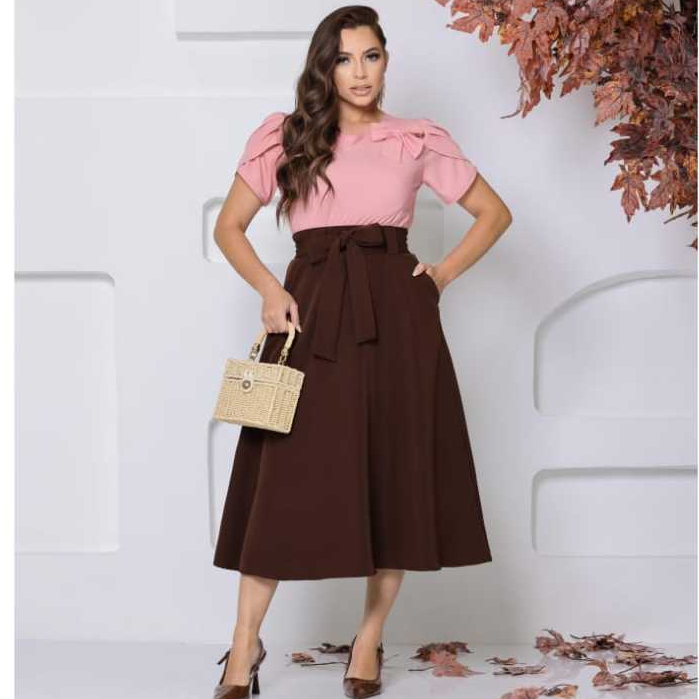 Saia Midi Com Lazo Bolso Laterales Costa Elastec | Shopee Brasil