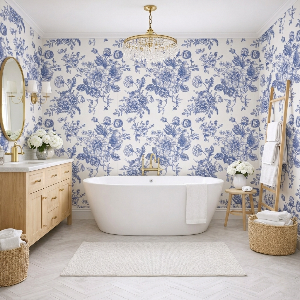 Papel de Parede Adesivo Floral Azul Branco Vinílico Lavável Decorativo ...