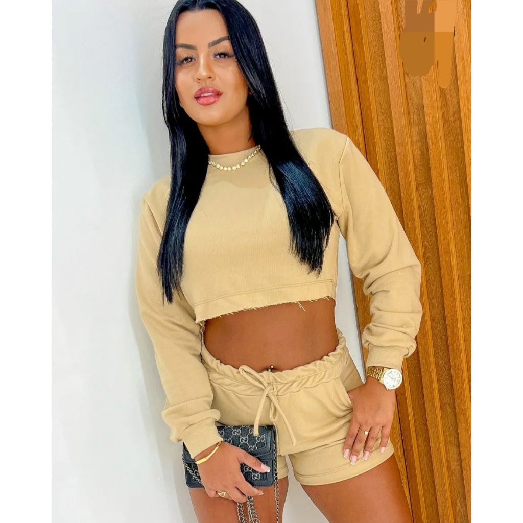 Conjunto Slim Moletinho / Cropped e Short | Shopee Brasil