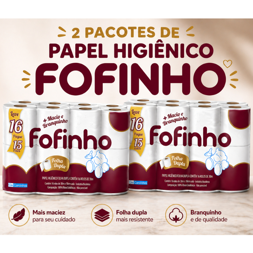 32 Rolos de Papel Higiênico 30m Fofinho - Folha Dupla Macio e ...