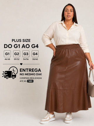 Saia Midi Couro Fake Plus Size Inverno - Cintura Alta G1 G2 G3 G4 ...