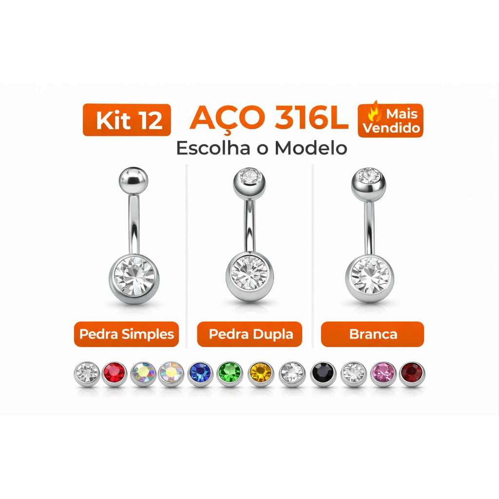 Kit 12 Piercing Umbigo Aço Cirúrgico 316L Pedra Brilhante Simples Duplo ...