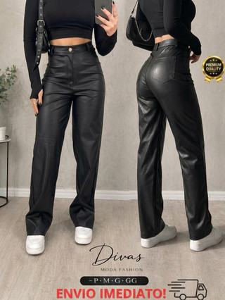 Calça Feminina Couro Fake PU Wide Leg Pantalona Cintura Alta Preta ...