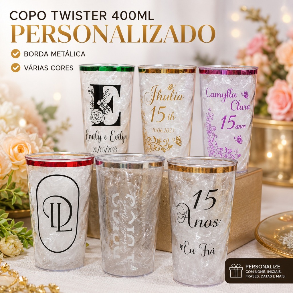 Kit Copos Twister 400ml Bordas Metalizadas Personalizados Aniversário ...