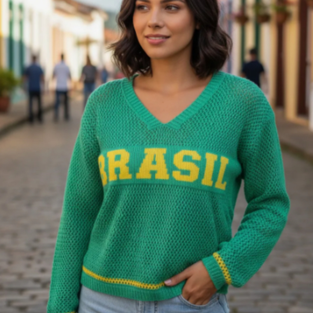 Blusa Feminina Tricot Brasil Amarela Verde Azul Manga Longa Estilo ...