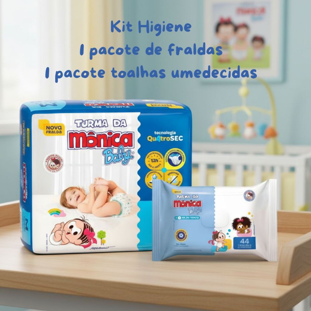 Kit Chá Bebê Turma da Mônica 1 Pacote de Fraldas e 1 Pacote de Toalhas ...