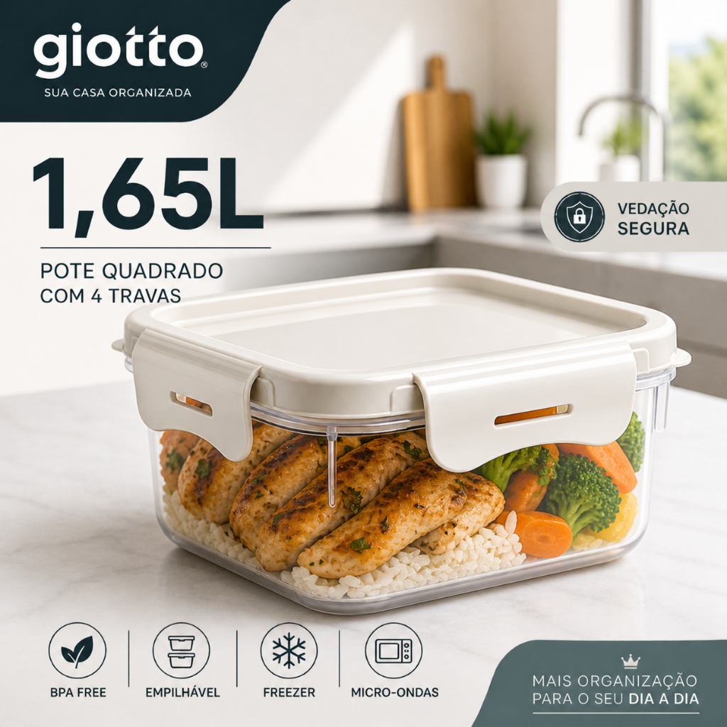 Pote Quadrado Com 4 Travas 1650ML Off White Armazenamento de alimentos ...