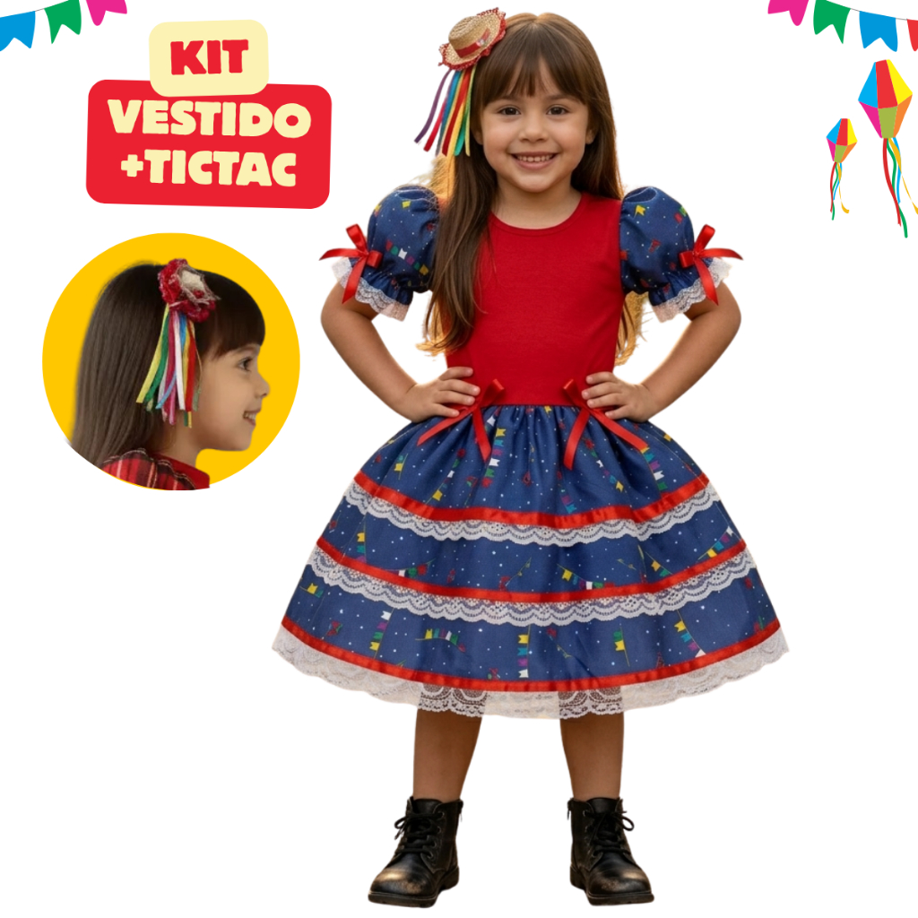 Kit Vestido Menina Infantil Festa Junina Arraial + TicTac Quadrilha ...