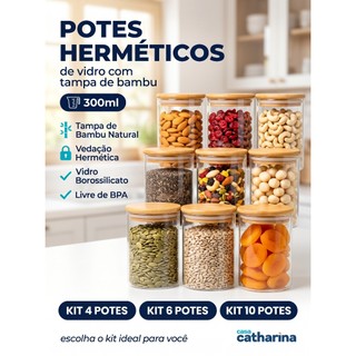 Kits 4|6|10 Potes Herméticos Vidro 300ml Tampa Bambu Vedação Para ...