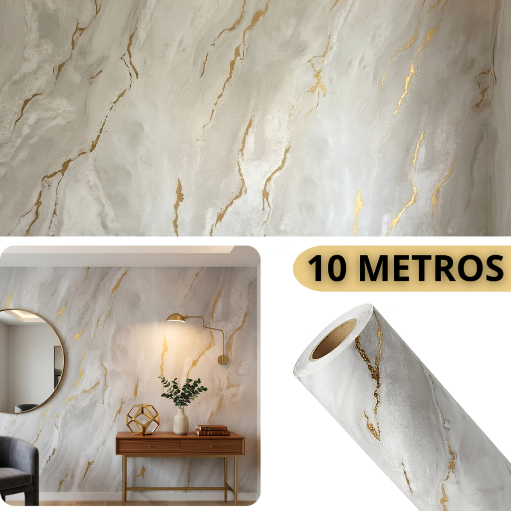Papel Parede Mármore Dourado Fundo Cinza 10 Metros Adesivo Autocolante ...