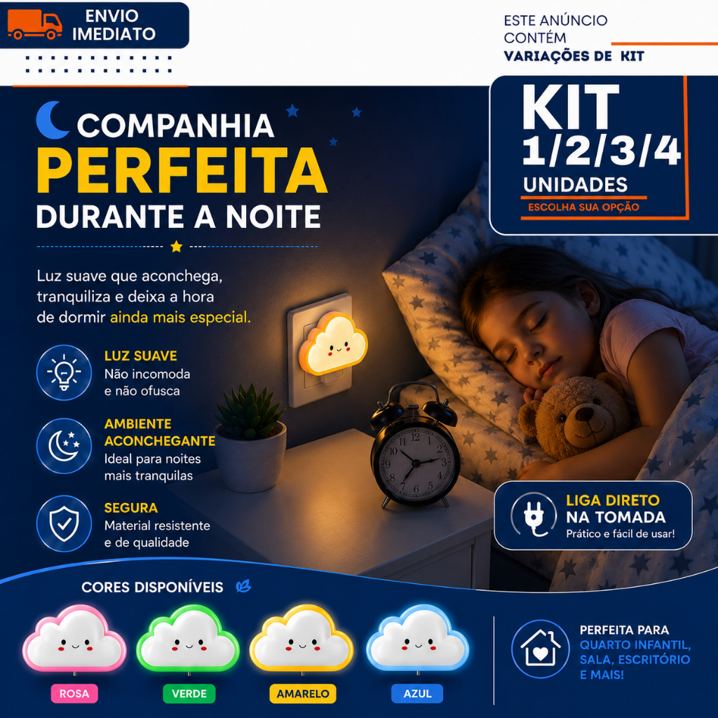 Abajur Nuvem Led Infantil 1/2/3/4 Luz Noturna Tomada Quarto Bebê ...
