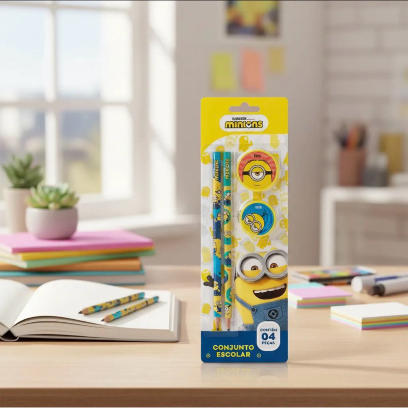 Kit Escolar Tris Minions Com 4 Peças - Lapis Apont Borracha | Shopee Brasil