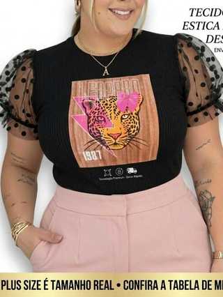 Blusa Feminina Plus Size Manga Curta Princesa Bufante Tule Poá Elegante ...