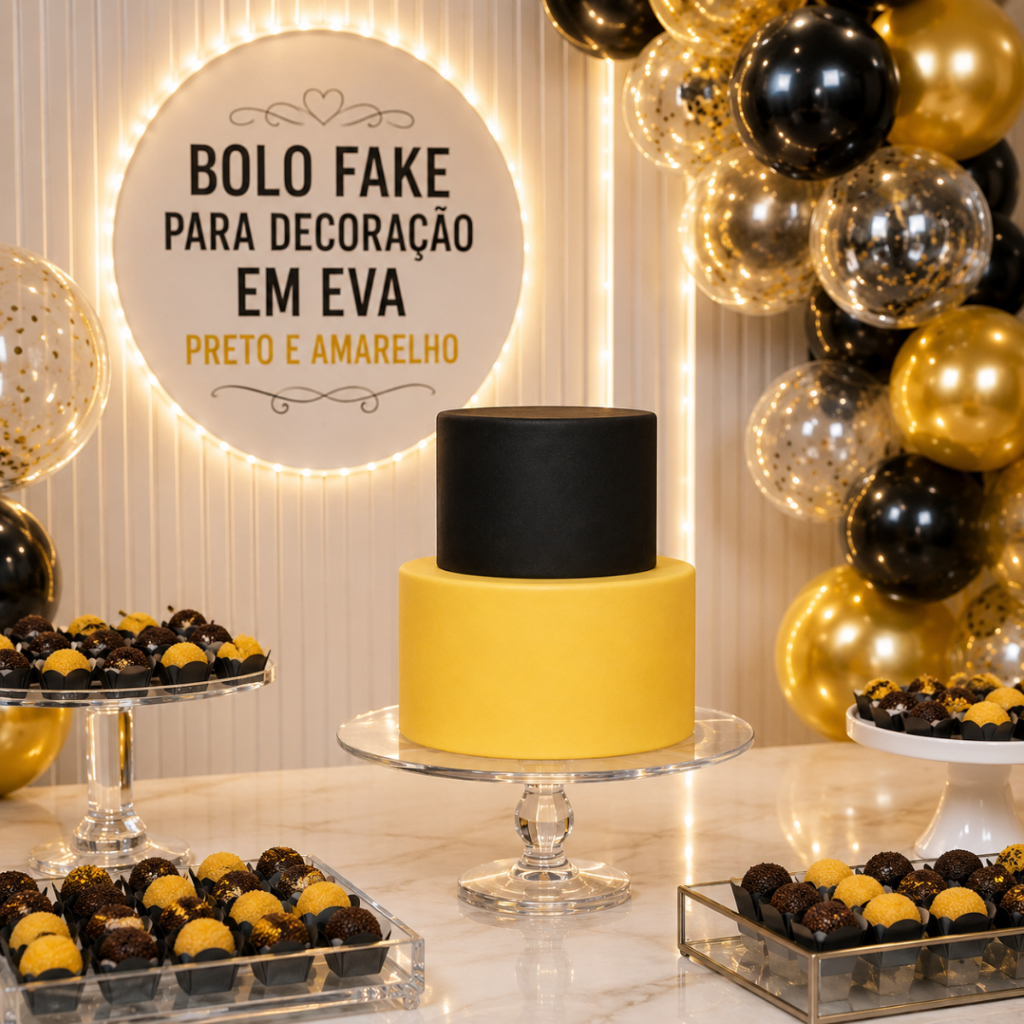 Bolo Fake De Isopor Encapado Com EVA Preto e Amarelo 2 Andar Festas ...