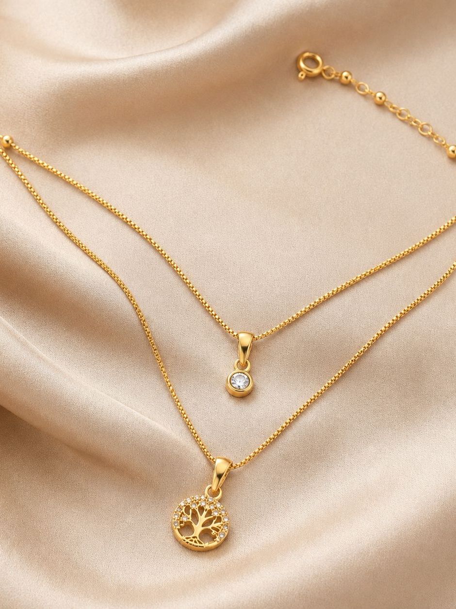 Colar Duplo Árvore da Vida Feminino Ponto de Luz Delicado Banhado Ouro ...