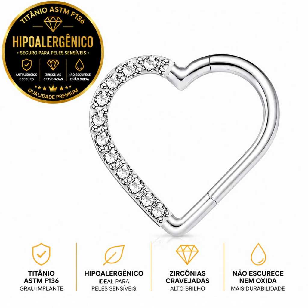 Piercing/brinco 100% Titânio ASTM F136 Coração vazado argola Click ...