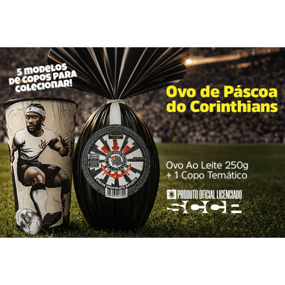 OVO DE PASCOA OFICIAL CORINTHIANS LICENCIADO AO LEITE 250G + COPO DE ...