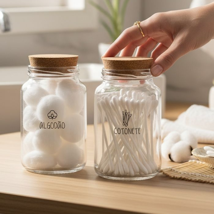 Kit 2 Potes 600 ml Porta Cotonete e Algodão Organizador Vidro e Tampa ...