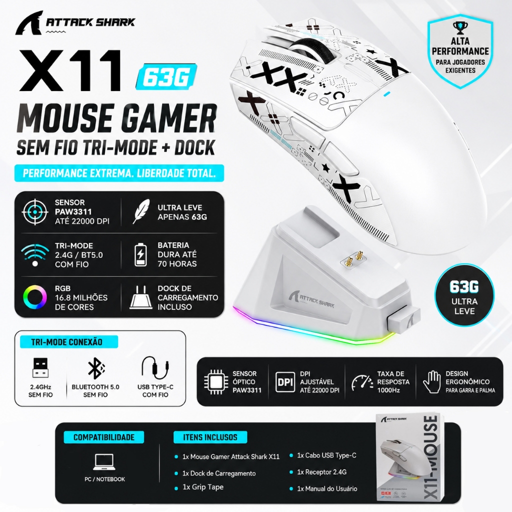 Mouse Gamer sem fio Attack Shark X11 63g PAW3311 22000DPI RGB Tri Mode ...
