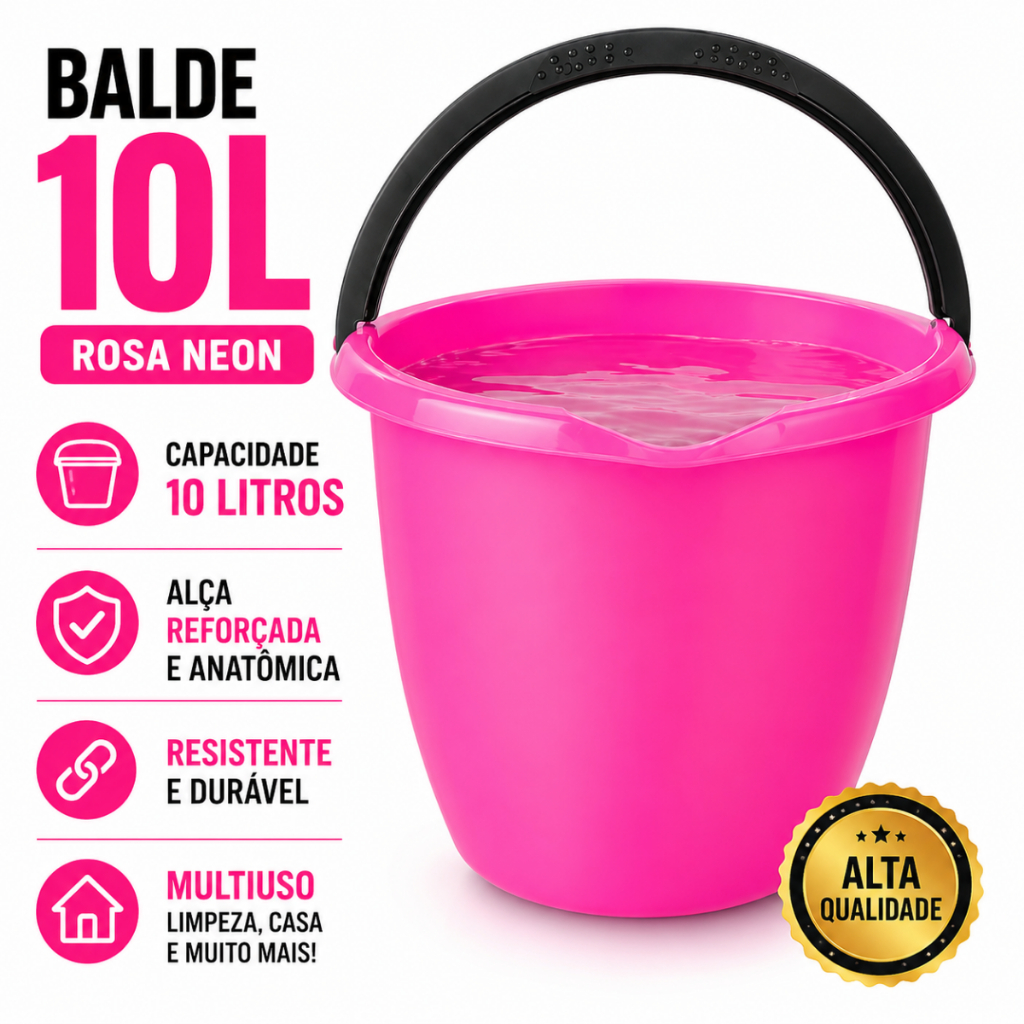 Balde Rosa Neon 10 Litros Resistente Com Alça Anatômica Reforçada Para ...