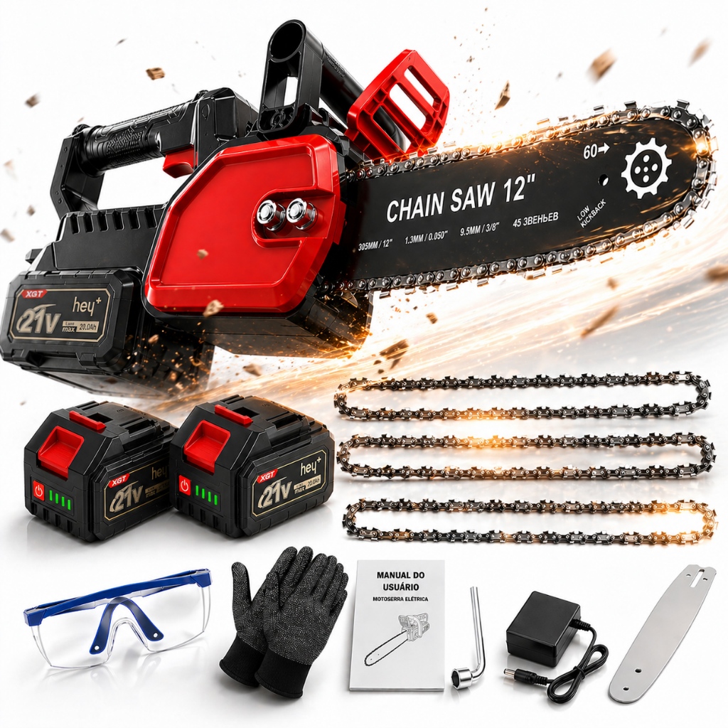 Motosserra 21V 1200W 12" com 2 Baterias, Sem Fio - Segura para Jardim ...