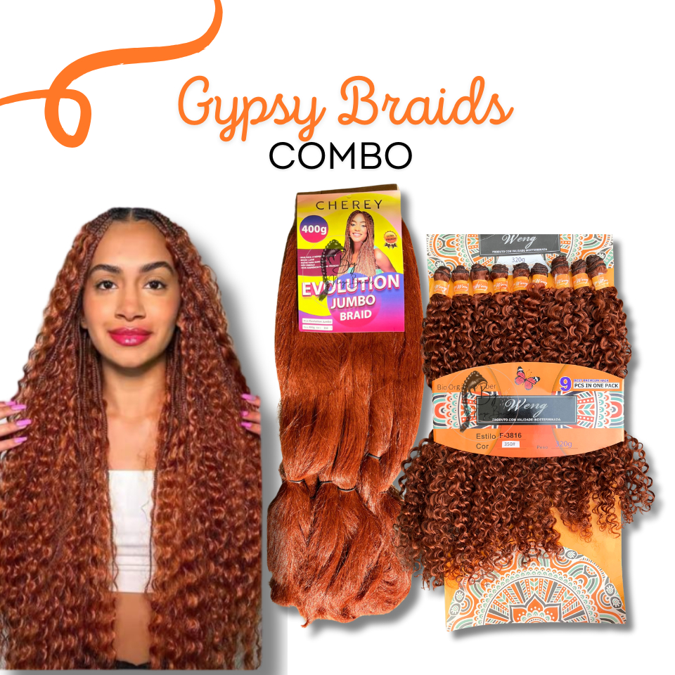 Kit Gypsy Cabelo + Jumbo Ruivo #350 8x 70cm Cabelo orgânico p ...